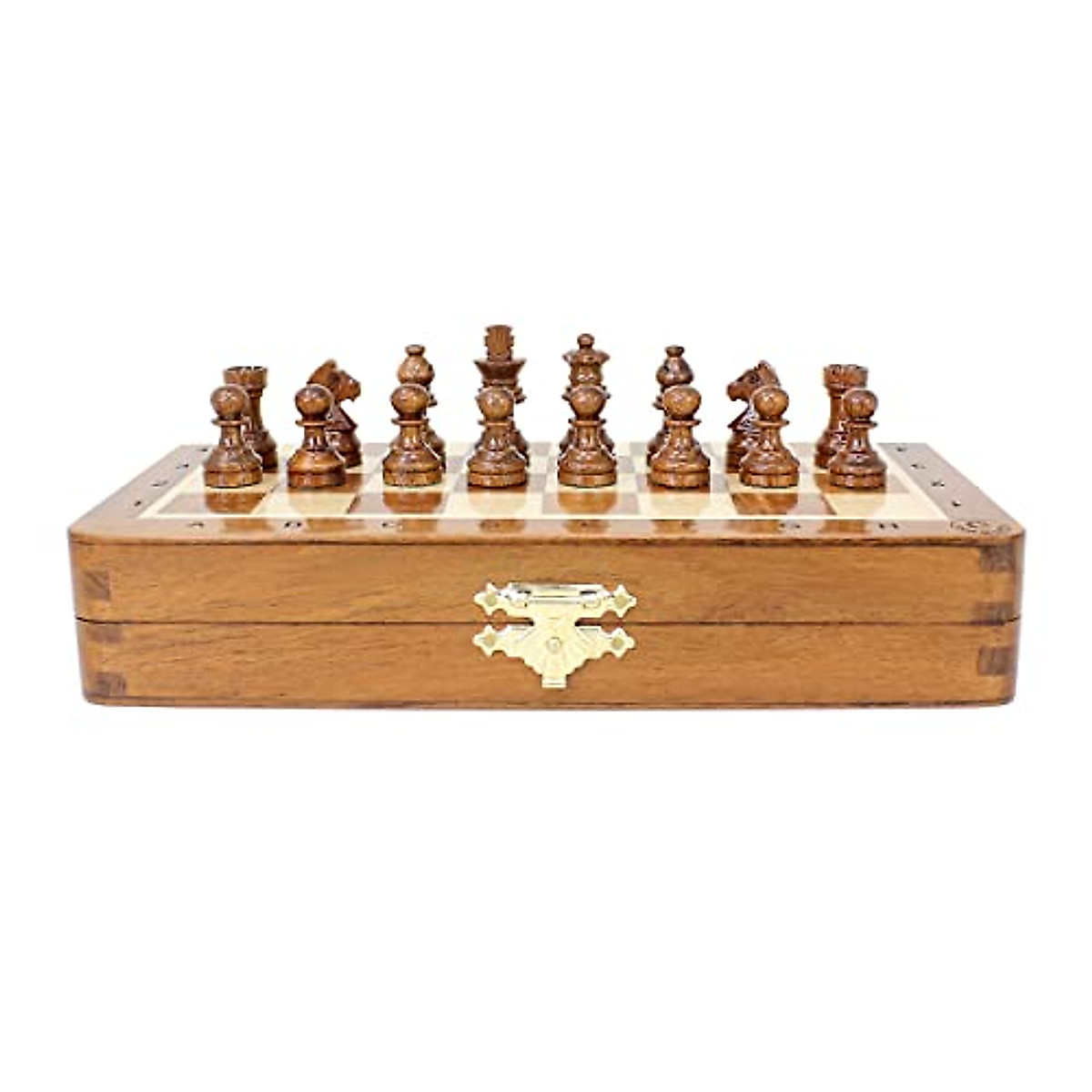 House of Chess - 8 Inch Wooden Magnetic Folding Travel Chess Set - Board with Algebraic Notation + 2 Extra Pawns & 2 Extra Queens- Handmade - Premium Quality