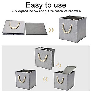 Robuy Set of 4 Grey Foldable Bamboo Fabric Cube Storage Bins with Cotton Rope Handle, Collapsible Resistant Basket Box Organizer for Shelves Size (10.5x10.5 x11 inch)