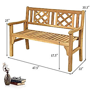 Giantex Patio Wooden Bench, 4 Ft Foldable Acacia Garden Bench, Two Person Loveseat Chair with Curved Backrest and Armrest Ideal for Patio, Porch or Balcony (Teak)
