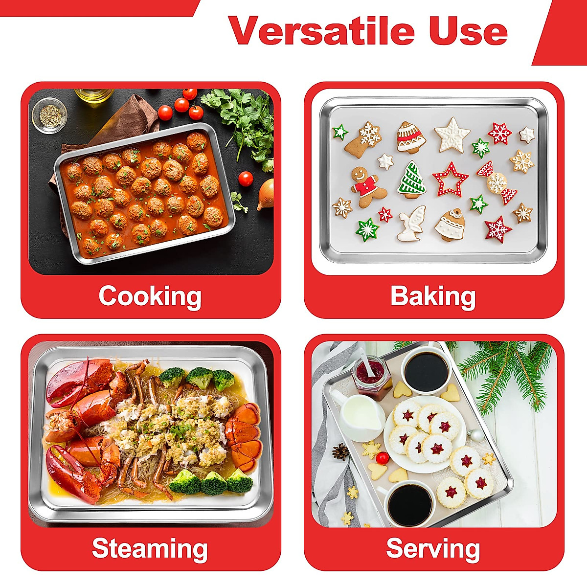 Zacfton 4 PCS Baking Sheet for Oven, Stainless Steel Baking Pans Toaster Oven Tray, Cookie Sheets for Baking, Non Toxic & Healthy, Easy Clean & Dishwasher Safe