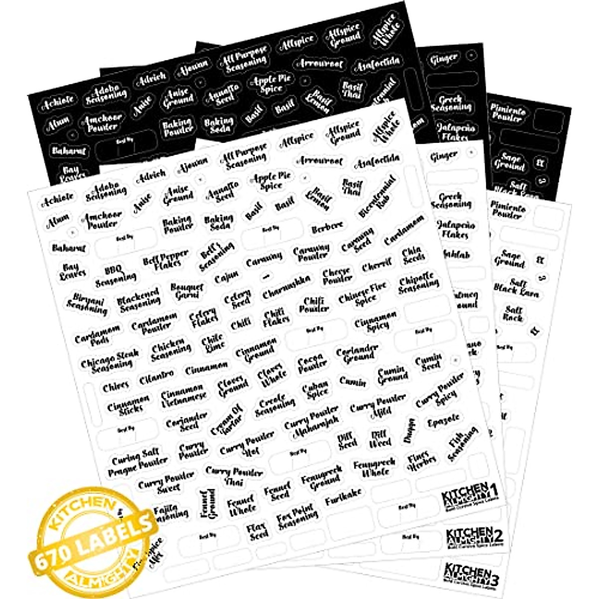 670 Labels: 498 Spice Names + 96 Blank Labels | Most Bold Cursive Preprinted Black & White Letters Label Set | Alphabetized Spice Label System by KITCHEN ALMIGHTY | Spice Jar Labels Spice Organization