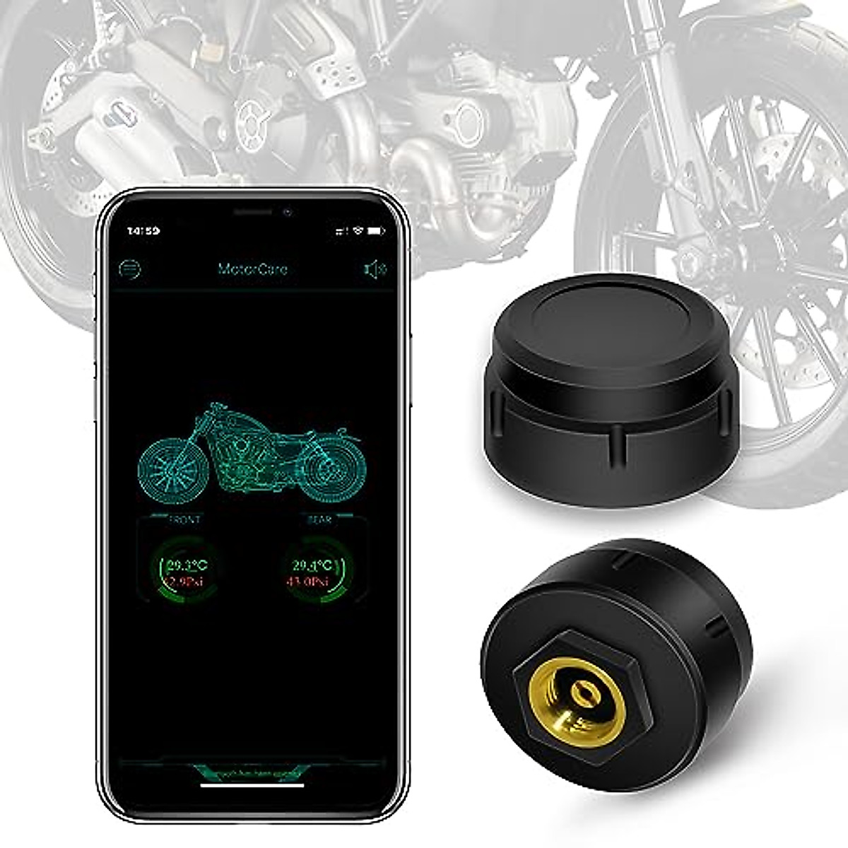 NEW CAR SOUL Bluetooth Motorcycle Tire Pressure Monitoring System with 2 External Sensors - Tire Pressure & Temperature Alarm - Wireless Motorcycle TPMS Supporting iOS and Android