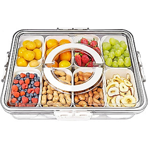 Divided Serving Tray with Lid and Handle - 8 Compartment Portable Snackle Box Charcuterie Container - Clear Snack Organizer for Fruits, Candy, Nuts, Snacks - Ideal for Parties, Travel & Picnics