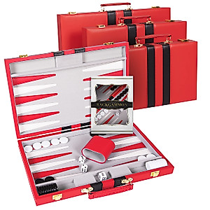 Backgammon Set 15 inch, Medium - Classic Board Game for Adults and Kids with Premium Leather Case - Includes Strategy & Tip Guide (Red)