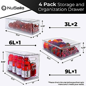 NuSaile Stackable Refrigerator Organizer Bins Pull Out Drawers with Handles - Vegetable and Fruit Storage Containers for Fridge - Kitchen Food Storage Bins - 9L+6L with Dividers+3L+3L (4 PC Set)
