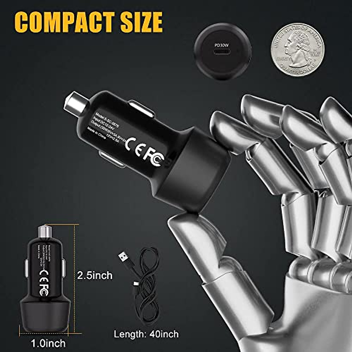 USB C Car Charger Adapter 30W Fast Charge, 12V USB Car Charger Cigarette Lighter Adapter, Car Phone Charger Fit iPhone 13/13 Pro/13 Pro Max/12/12 Pro/12 Mini, Galaxy S22/S10, iPad Pro and More