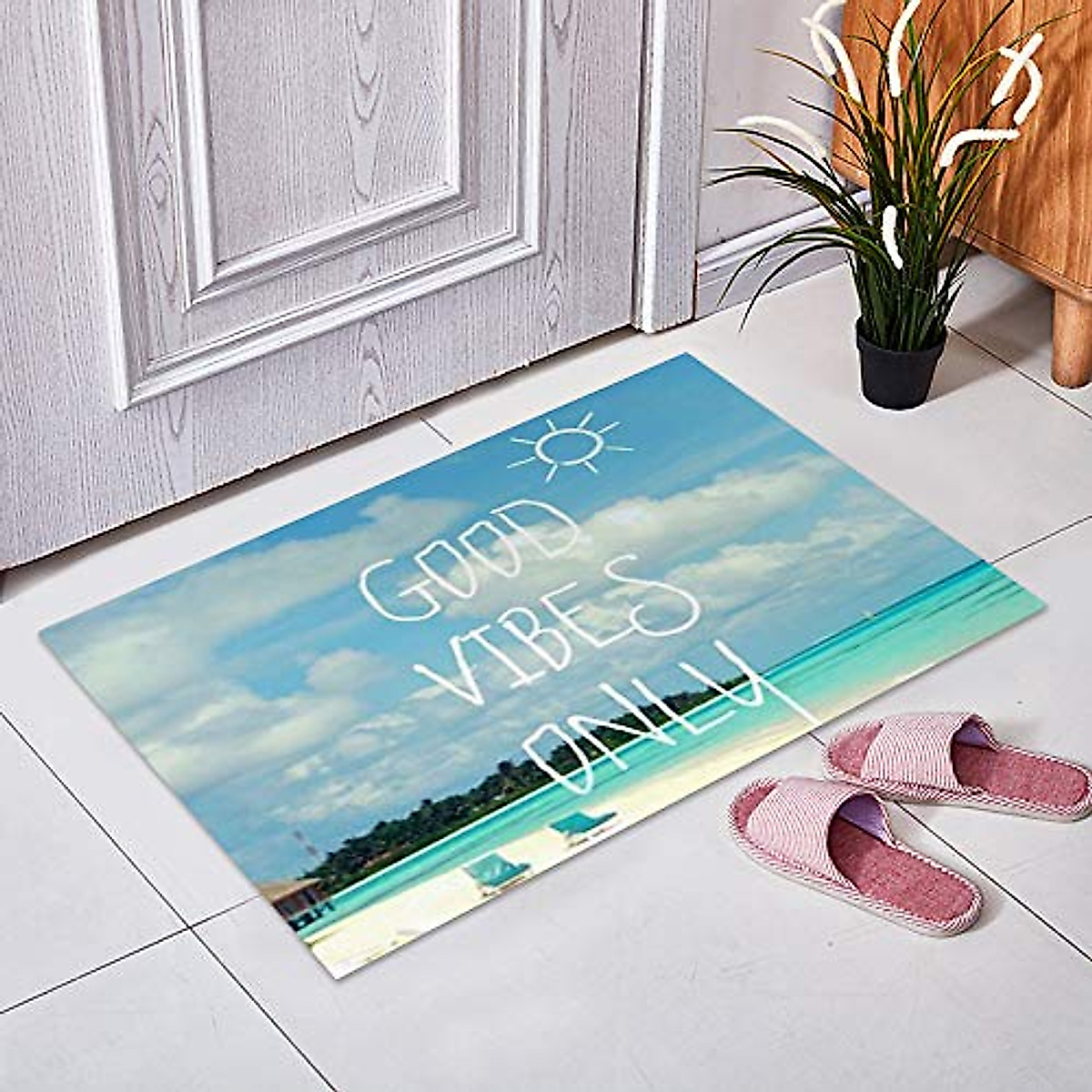 CHARMHOME Blue Sea Beach with Funny Good Vibes Only Quotes Doormats Entrance Mat Floor Mat Door Indoor/Front Door/Bathroom/Kitchen Mats Rubber Non Slip