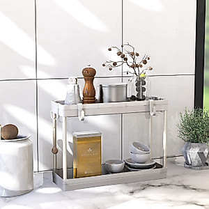 SimpleHouseware 2-Tier Under Sink Organizer Storage Tray with Hooks, White