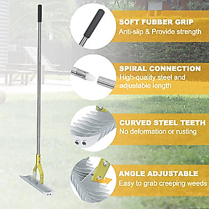 BARAYSTUS Thatch Rake, 15-Inch Wide Lawn Thatching Rake for Cleaning Dead Grass, Efficient Steel Metal Lawn Grass Rake with Stainless Steel Handle, Lawn loosening Soil Rake, 58.5-Inch Length