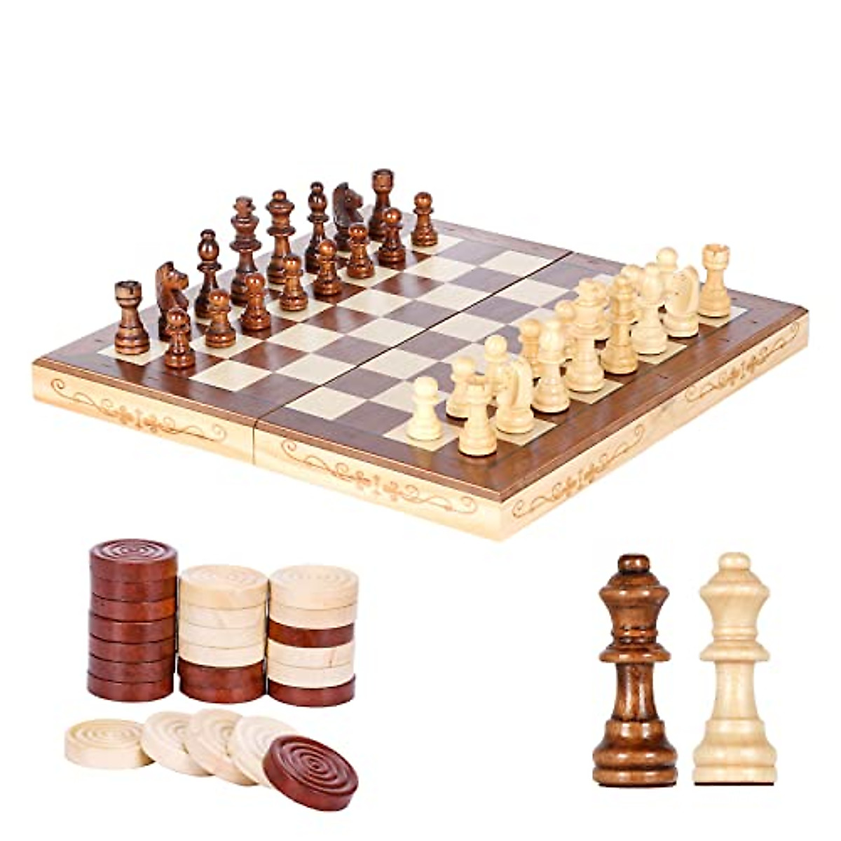 Syrace Chess & Draughts Set Checkers Board Games, Wooden Foldable Hand Crafted Portable Travel Chess Board Game Sets with Game Pieces & Storage Slots Large Size 15.74"