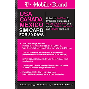 T Mobile Prepaid Brand USA, Canada, Mexico Prepaid Travel SIM Card Unlimited Call/Text & Unlimited High Speed 4G LTE Data in USA & up to 5GB Data in Canada & Mexico Combined. (30 Days)