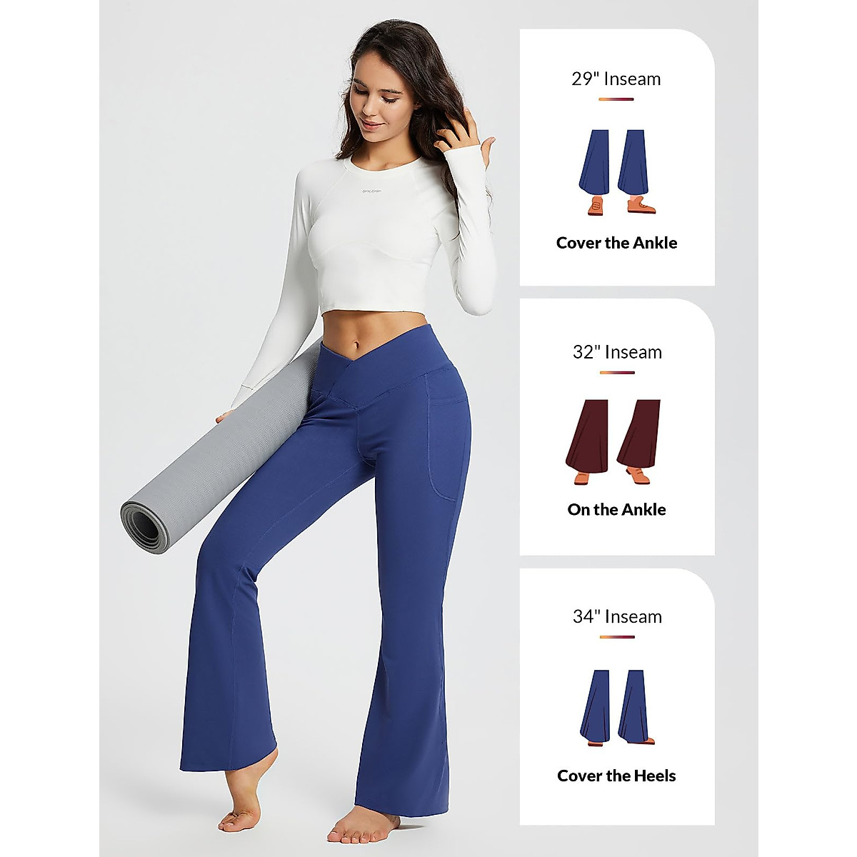 baleaf Women's Flare Leggings with Pockets High Waisted Yoga Pants Casual Workout Wide Leg Pants Navy Blue 29" 3XL