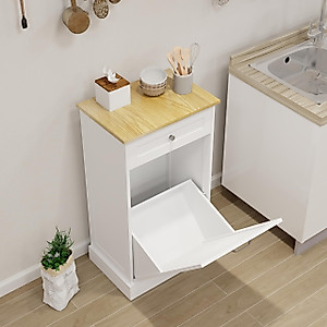 MiHunnor Wooden Simple style Kitchen Trash Cabinet, Wooden Frame with Drawers and Tilt-Out Trash Cabinet for 10 Gallon Trash Cans 19.69'' W x 13.78'' D x 35.43'' H (White-021)