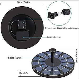 Floating Solar Fountain Pump,Circle Solar Powered Bird Bath Fountain Free Standing Solar Pond Pump with 1200mah Battery Backup,6 Nozzles Solar Fountain for Aquarium Outdoor Garden-Black 18cm(7inch)