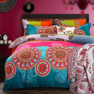 Pangzi Bohemian Duvet Cover Set Lightweight Microfiber Bedding Set Boho Floral Print Comforter Cover with Zipper Closure (Queen)