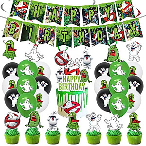 91 Pcs Birthday Party Supplies Decorations Set with Tablecloth,Plates,Napkins, Banner, Balloons, Hanging Swirls, Cake Cupcake Toppers for Boys Girls Ghost Theme Party
