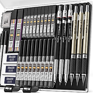 Nicpro 35PCS Art Mechanical Pencil Set, 3 PCS Metal Drafting Pencil 0.5 mm & 0.7 mm & 0.9 mm & 3 PCS 2mm Lead Holder (6B 4B 2B HB 2H 4H Colors) For Sketching Drawing With 20 Tube Lead Refills Case