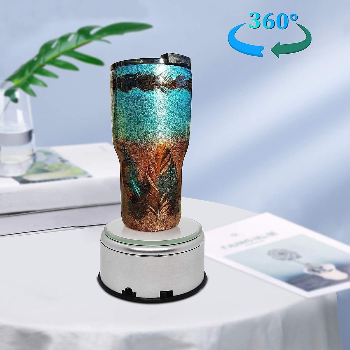 USLINSKY Cup Display Stand Turner For Epoxy Glitter Tumblers, Battery / USB Operated 360 Degree Rotating Display Base Turntable, Tumbler Spinner Machine Silver Mirrored Top for Bling Tumblers Mugs