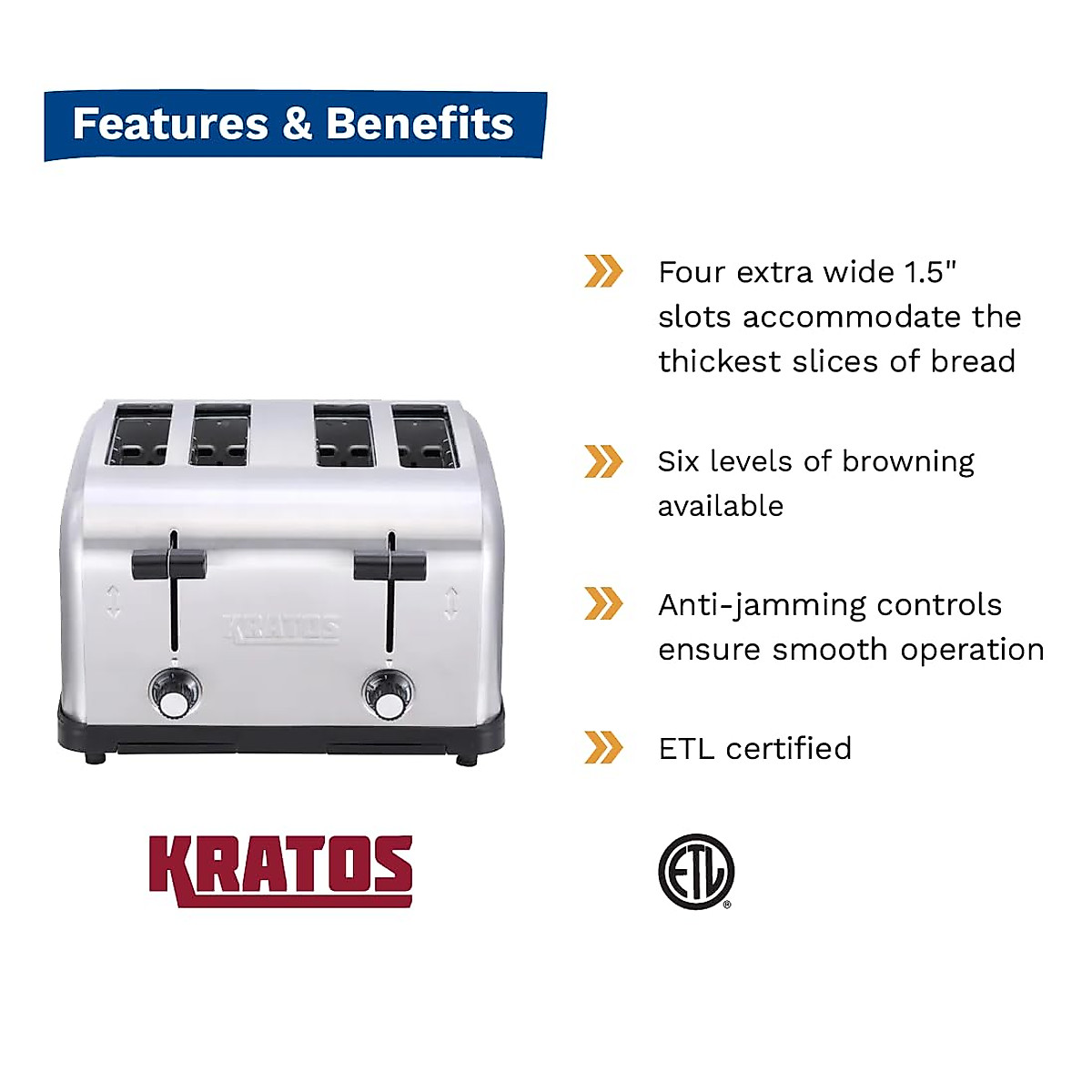 Kratos 29M-011 Four-Slice Commercial Electric Pop-Up Toaster with Wide 1.5" Slots, Stainless Steel Toaster, 120V, 1800 Watts