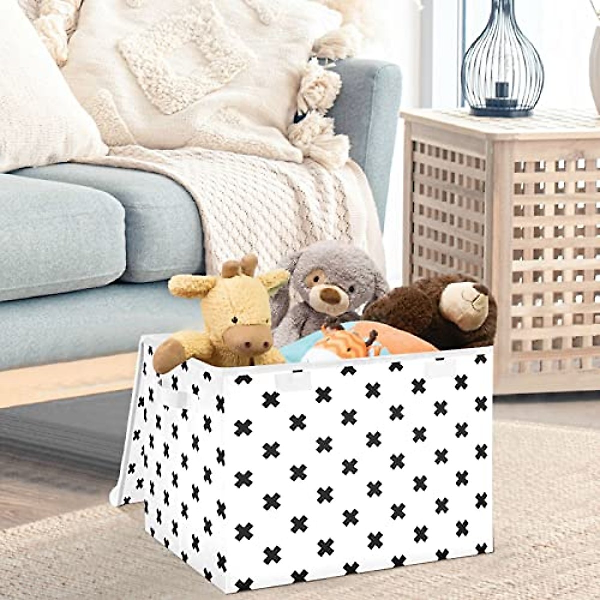 CaTaKu Black and White Cross Storage Bins with Lids and Handles, Fabric Large Storage Container Cube Basket with Lid Decorative Storage Boxes for Organizing Clothes