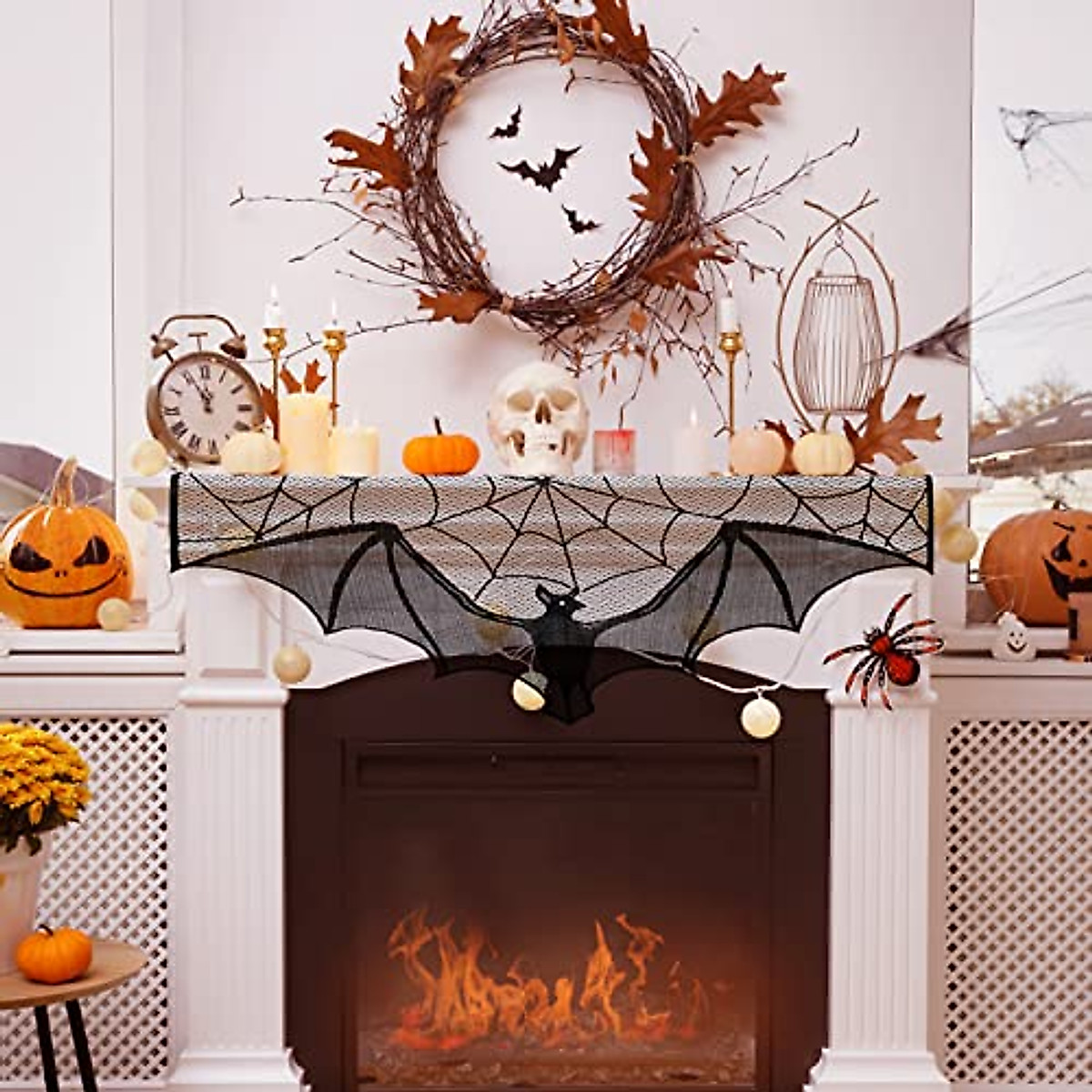 ANPHSIN Halloween Black Lace Spiderweb- 2 Pcs Bat Curtain Window Valance Cobweb Tablecloth Shower Curtains Fireplace Mantles Scarf Cover for Home Door Kitchen Bathroom Festive Party Decorations