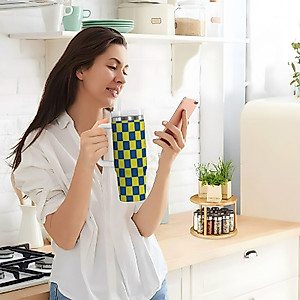 Yellow Blue Checkered 40 oz Tumbler with Handle and Straw Lid, Insulated Coffee Cup Reusable Stainless Steel Water Bottle Travel Mug Cupholder Friendly,Gifts for Women Men