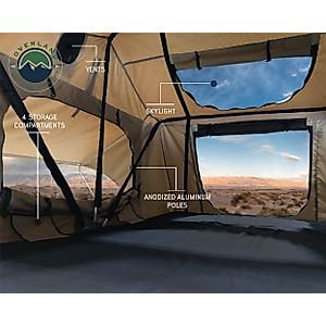 Overland Vehicle Systems TMBK 3 Person Roof Top Tent with Rain Fly Tan Body & Green Rainfly - Black Aluminum Base with Black Ladder - Universal Fitment