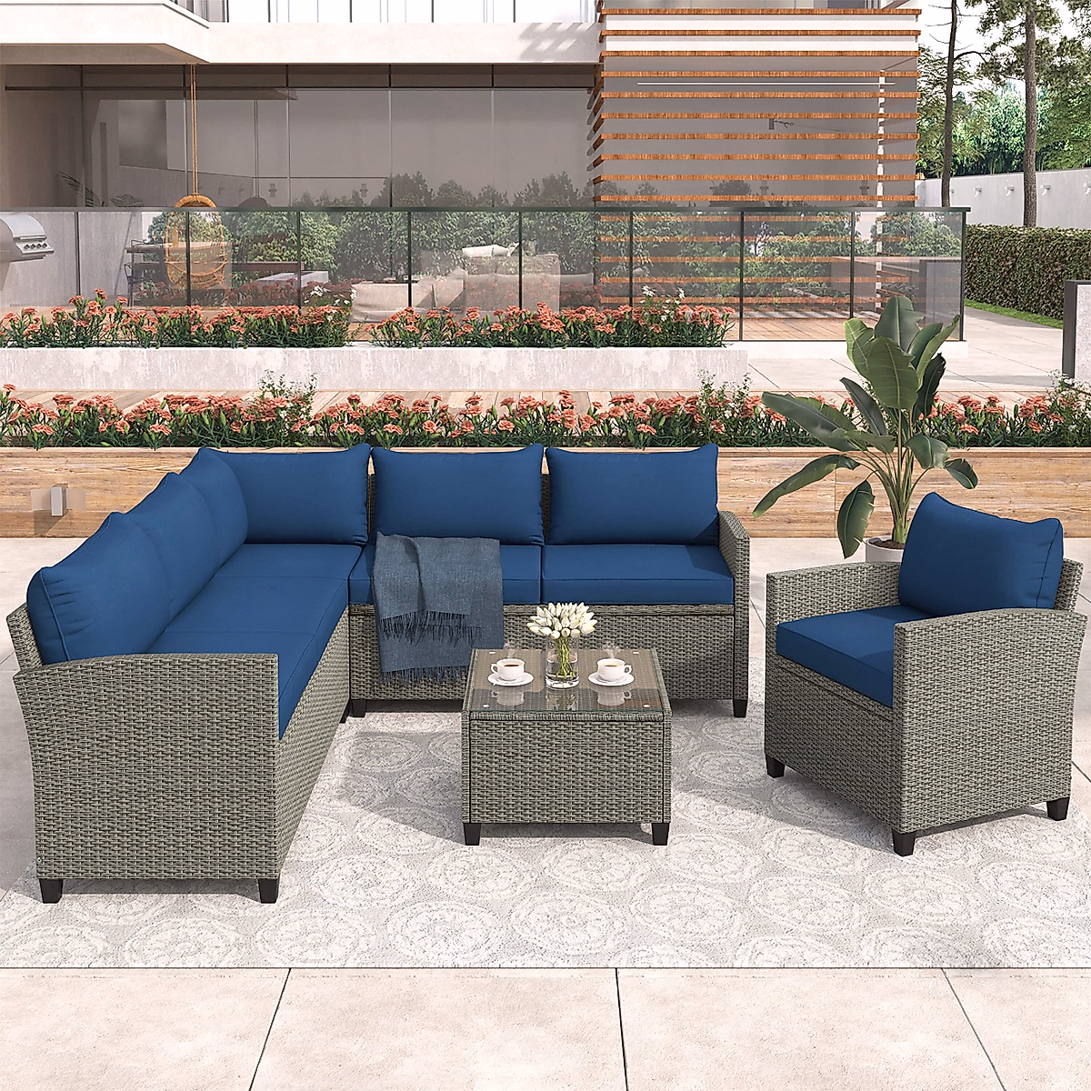 5 Piece Patio Furniture Outdoor Conversation Set Resin Wicker Cushioned Sectional Sofa with Coffee Table and Single Chair Blue Modern Contemporary Rattan Removable Cushions