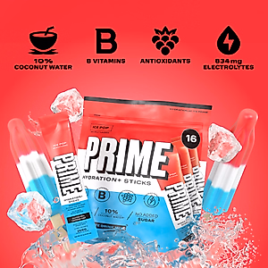 PRIME HYDRATION+ Sticks ICE POP | Hydration Powder Single Serve Sticks | Electrolyte Powder On The Go | Low Sugar | Caffeine-Free | Vegan | 16 Sticks