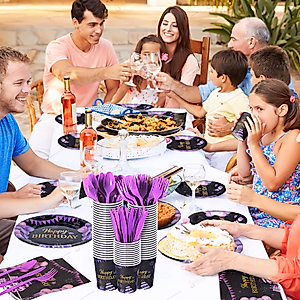 168 Pcs Purple and Black Birthday Party Supplies Tableware Set Party Plates, Knife,Forks,Spoons, Cups and Napkins Table Decorations for Women Girls Birthday Party Decorations, 24 Guests