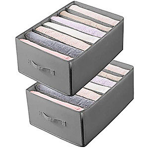 AARAINBOW 2 Pcs Closet Clothes Organizer with Handle, Stackable Shelf Storage Baskets with Dividers, Foldable Wardrobe Storage Box Drawer Divider for Jeans Pants Sweater (7 Grids Gray)