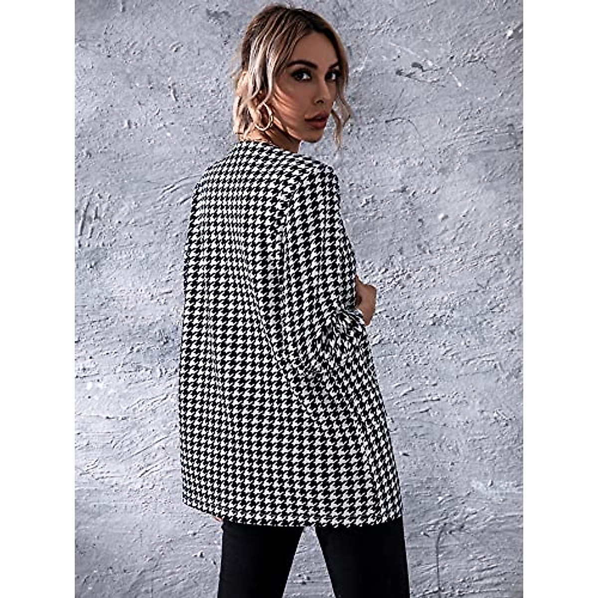 Milumia Women's Elegant Open Front Houndstooth Ruched Sleeve Work Blazer Suit Outerwear Black and White X-Small