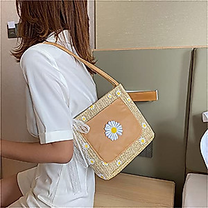 Xlabor Daisy Straw Beach Bag Woven Rattan Bag Tote Shoulder Bag Summer Handbag for Girl Women Summer Bohemia ,Brown