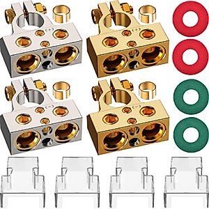 SUNMORN Battery Terminal Connectors, 0/2/4/6/8/10 AWG Battery Terminals, Heavy Duty Car Battery Terminal, Top Post Multiple Battery Terminal (Silver+Gold)