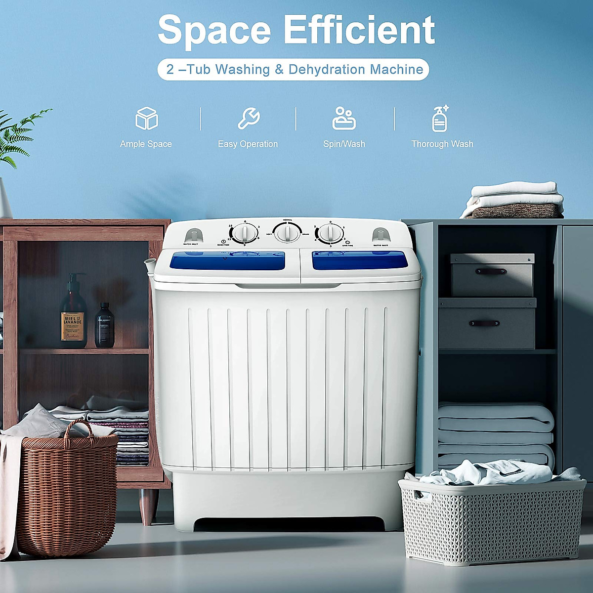 Giantex GT24267-PE 20lbs Spinner Combo, 12lbs 8lbs Spinning, Compact Twin Tub Mini Washer for Apartment RV Dorms, Blue & White Portable Washing Machine