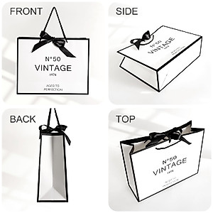 50th Birthday Gift Bags for Men Women, White and Black Keepsake Gift Paper Bag for Her N°50 Fifty Anniversary Party Present Shopping Tote Bags Women 50 Year Old Decorations Idea