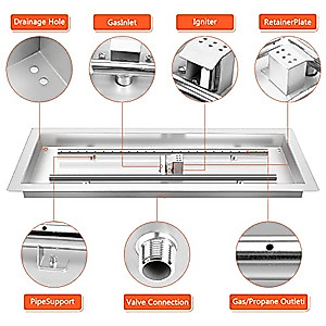 QuliMetal 24" x 8" Drop-in Fire Pit Pan with Spark Ignition Kit - Natural & Propane Gas Rectangular 304 Stainless Steel Fire Pit Burner Kit for Indoor & Outdoor, Rated for up to 150K BTU