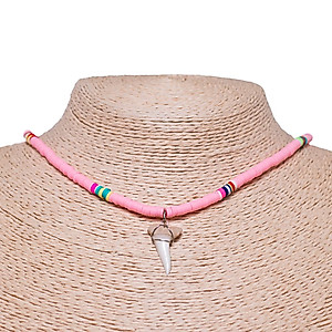 BlueRica Shark Tooth on Boho Vinyl Fimo Heishi Beads Necklace (Pink)