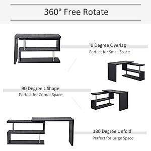 HOMCOM 360 Degree Rotating Corner Computer Desk, L Shaped Desk, Home Office Workstation with 3-Tier Storage Shelves, Black