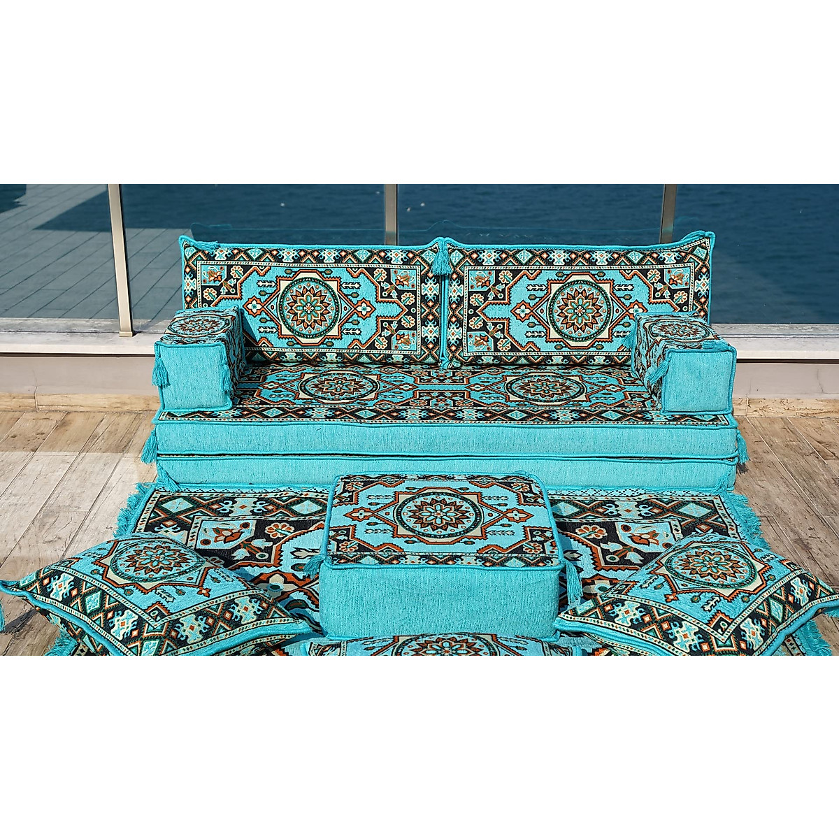 Turquoise Arabic Living Room, Moroccan Home Decor, Floor Cushion, Arabic Floor Couch, Turkish Floor Sofa, Ethnic Sofa, Arabic Sofa Seating (Sofa Full Set)