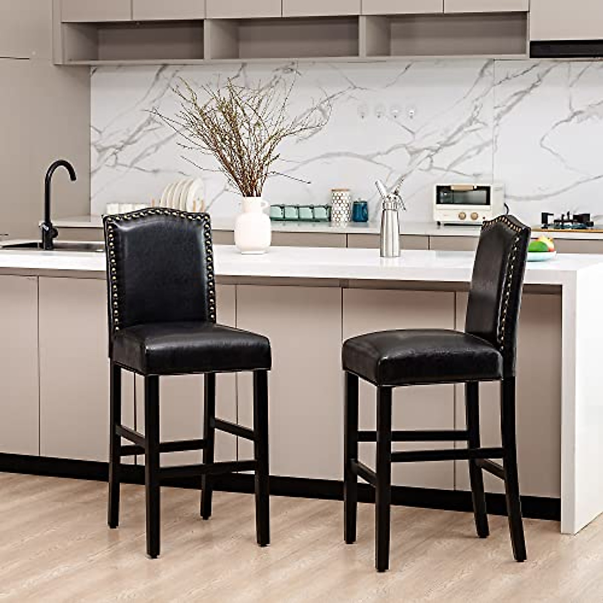 glitzhome Bar Stools Set of 2, 45" H Black Bonded Leather Armless Barchair with High-Back Studded Solid Rubberwood Legs for Kitchen Island Breakfast Chair for Dining Room, Party Room & Restaurant