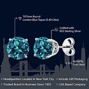 Gem Stone King 925 Sterling Silver London Blue Topaz Stud Earrings For Women (3.40 Cttw, Gemstone Birthstone, Round 7MM)