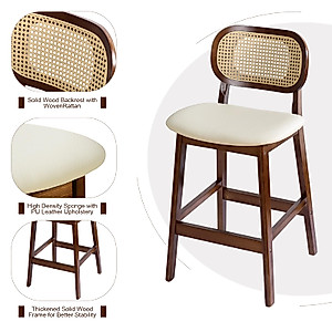 Counter Height Bar Stools Set of 3 Rattan Barstools with Back and Wood Frame, PU Leather Upholstered Bar Chairs, Mid Century Modern Farmhouse Counter Stool for Kitchen Island/Home Bar, Cream White