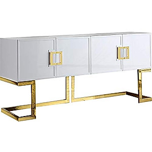 Meridian Furniture Beth Collection Modern | Contemporary Sideboard Buffet, Rich Gold Stainless Steel Base, White Laquer Finish, 64" W x 18" D x 31" H, Cabinet