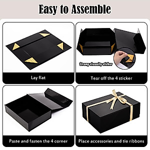 DUOTAN Large Gift Box with Lid, 13.5 x 10 x 3.5 Inch Black Magnetic Gift Box for Presents with Card, Ribbon, Filler, Collapsible Boxes of Paper for Birthday, Wedding, Christmas (Glossy)