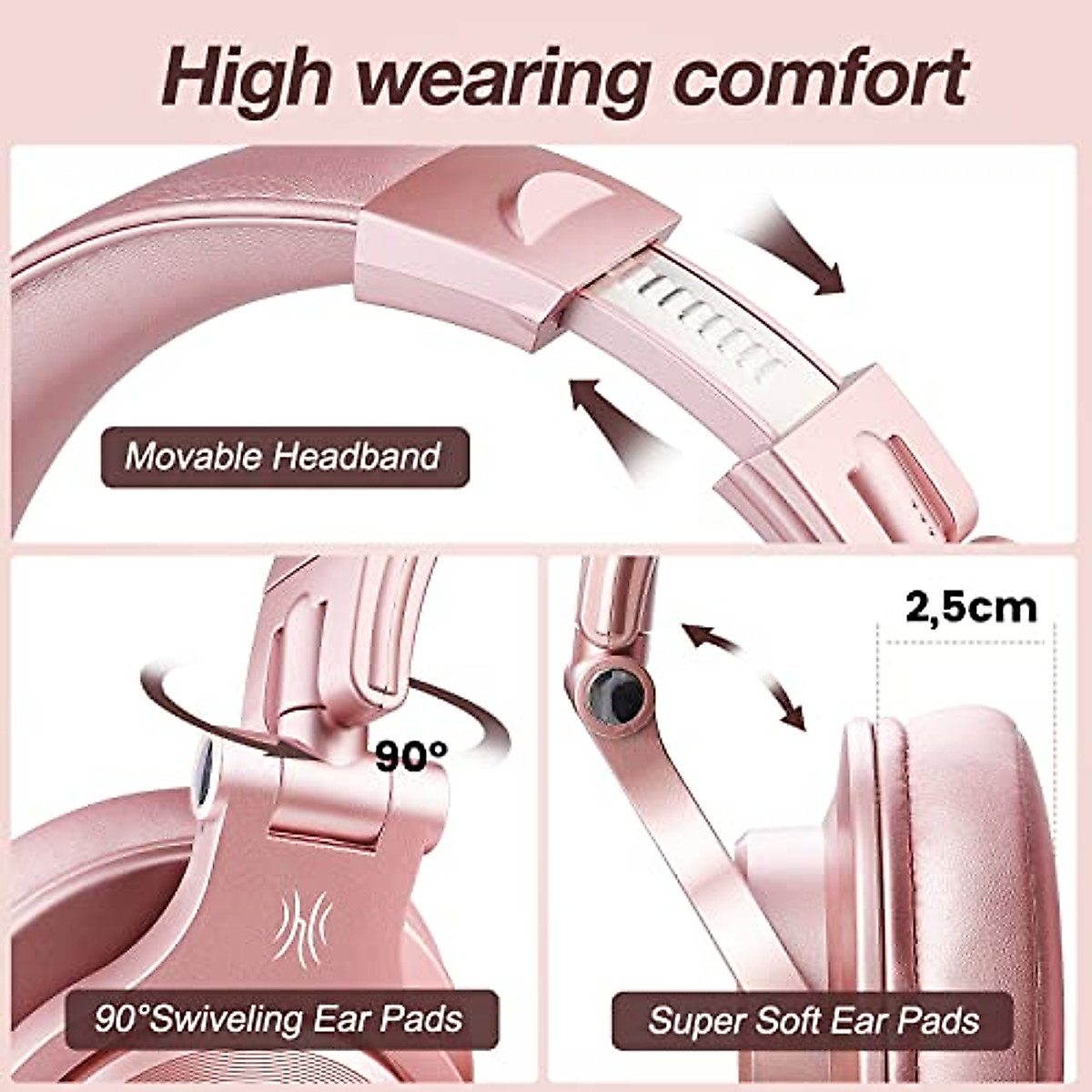 OneOdio A70 Bluetooth Over Ear Headphones for Women and Girls, Pink DJ Headphones, Wired Wireless Recording Headsets, Shareport, Stereo Jack for Guitar Amp Computer PC Tablet (Rose Gold)