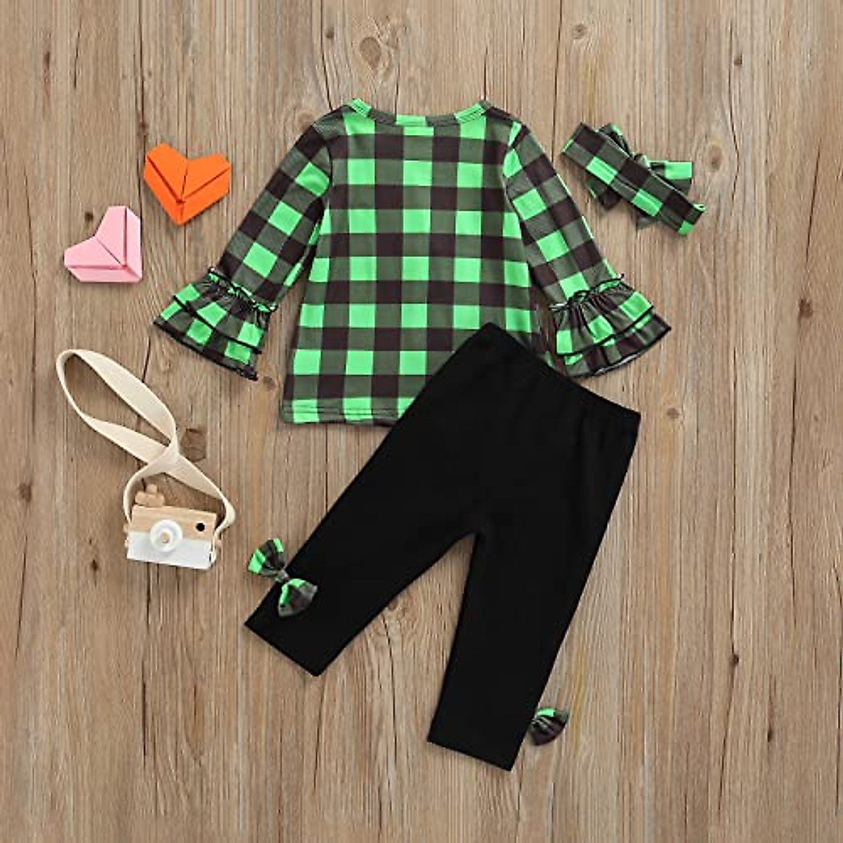 Infant Toddler Baby Girl St Patrick's Day Outfits Ruffle Sleeve Plaid Top Green Clover Blouse Bowknot Pants Set (Green, 4-5 Years)