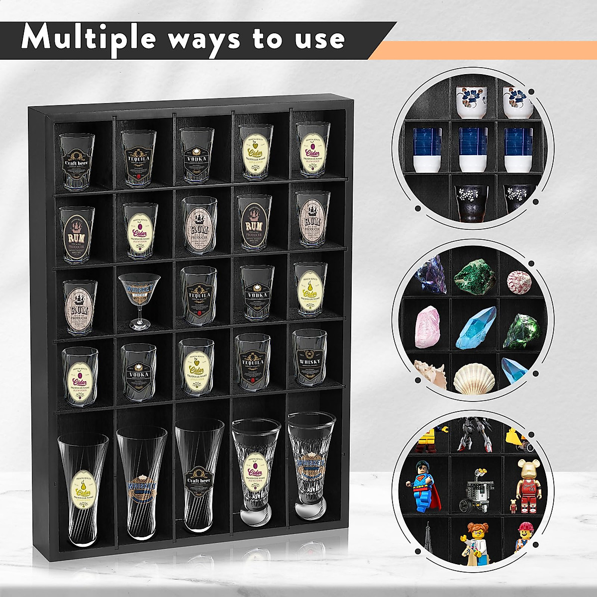 DARCKLE Shot Glass Display Case for Wall, Wood Holds Set of 30 Glasses Shot Glass Holder Display Shelf, 17'' x 12''-3'' x 2'' (Black, 1PCS)