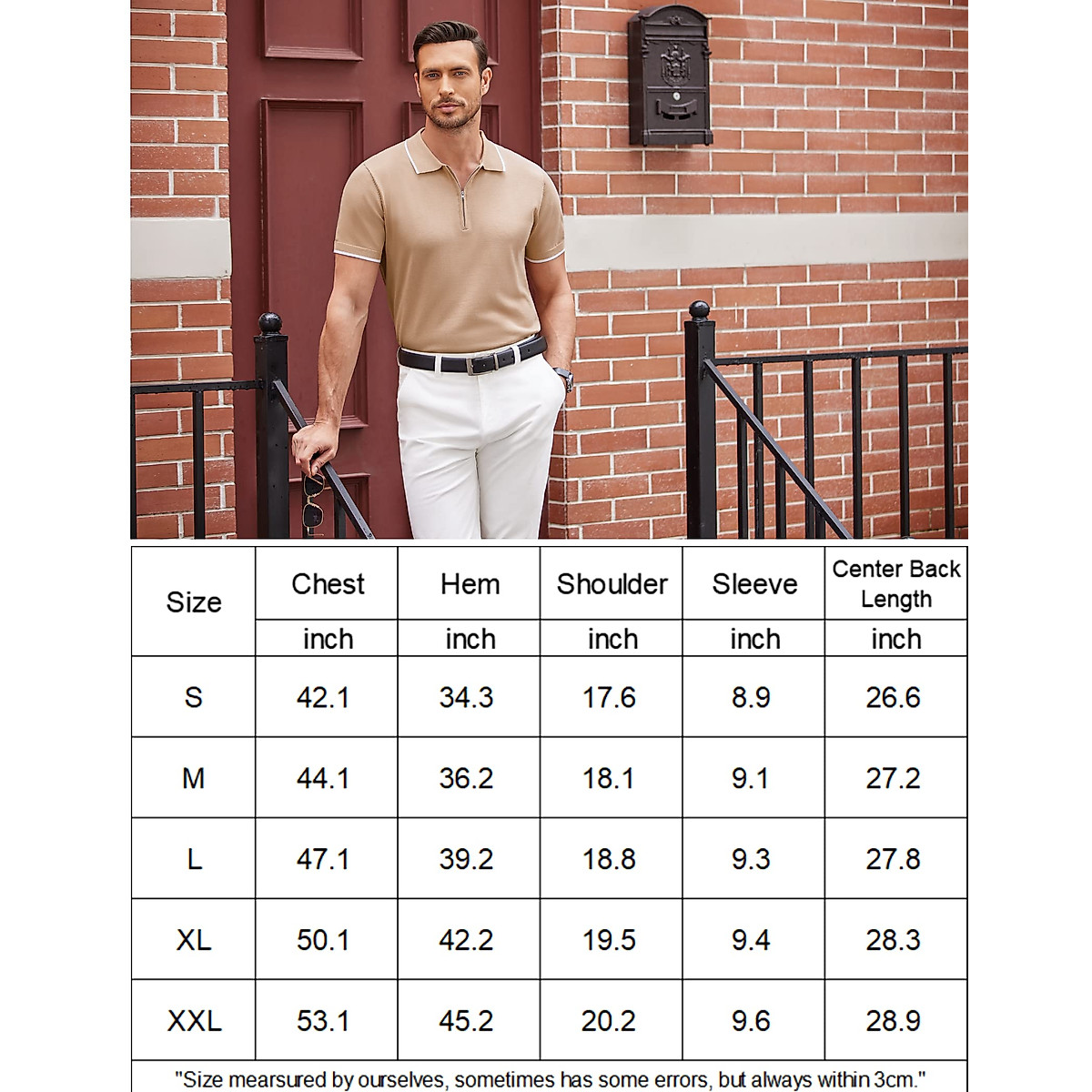 COOFANDY Mens Polo T Shirt Stripe Stretch Casual Quarter Zip Pique T Quick Dry, Light Tan, XX-Large, Short Sleeve