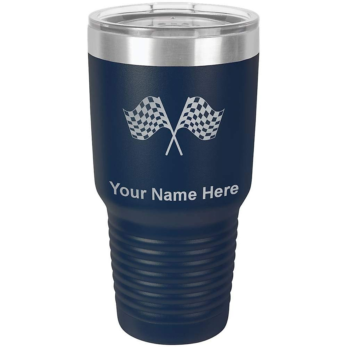 LaserGram 30oz Vacuum Insulated Tumbler Mug, Racing Flags, Personalized Engraving Included (Navy Blue)